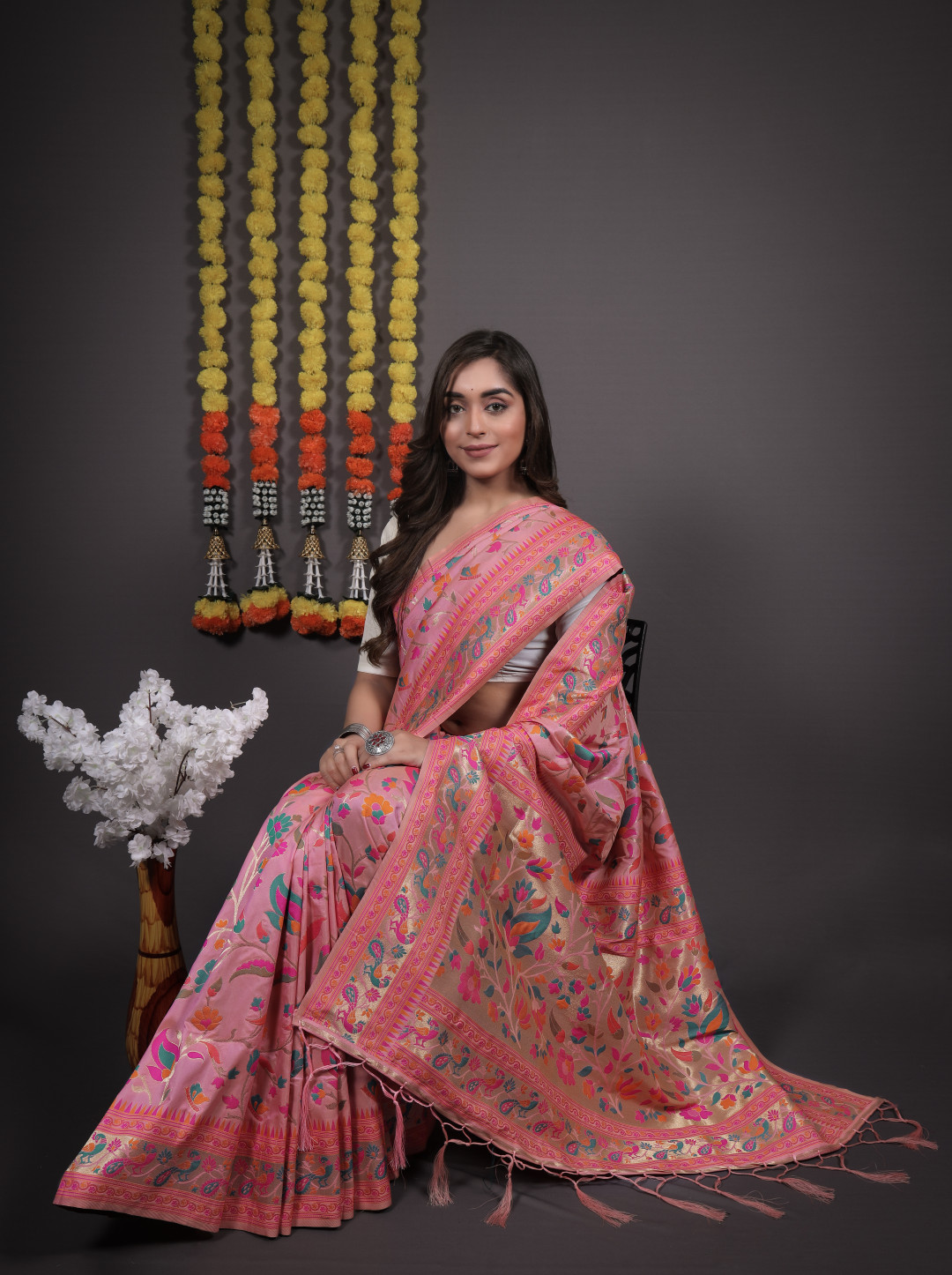 Baby pink color paithani silk saree with zari weaving work
