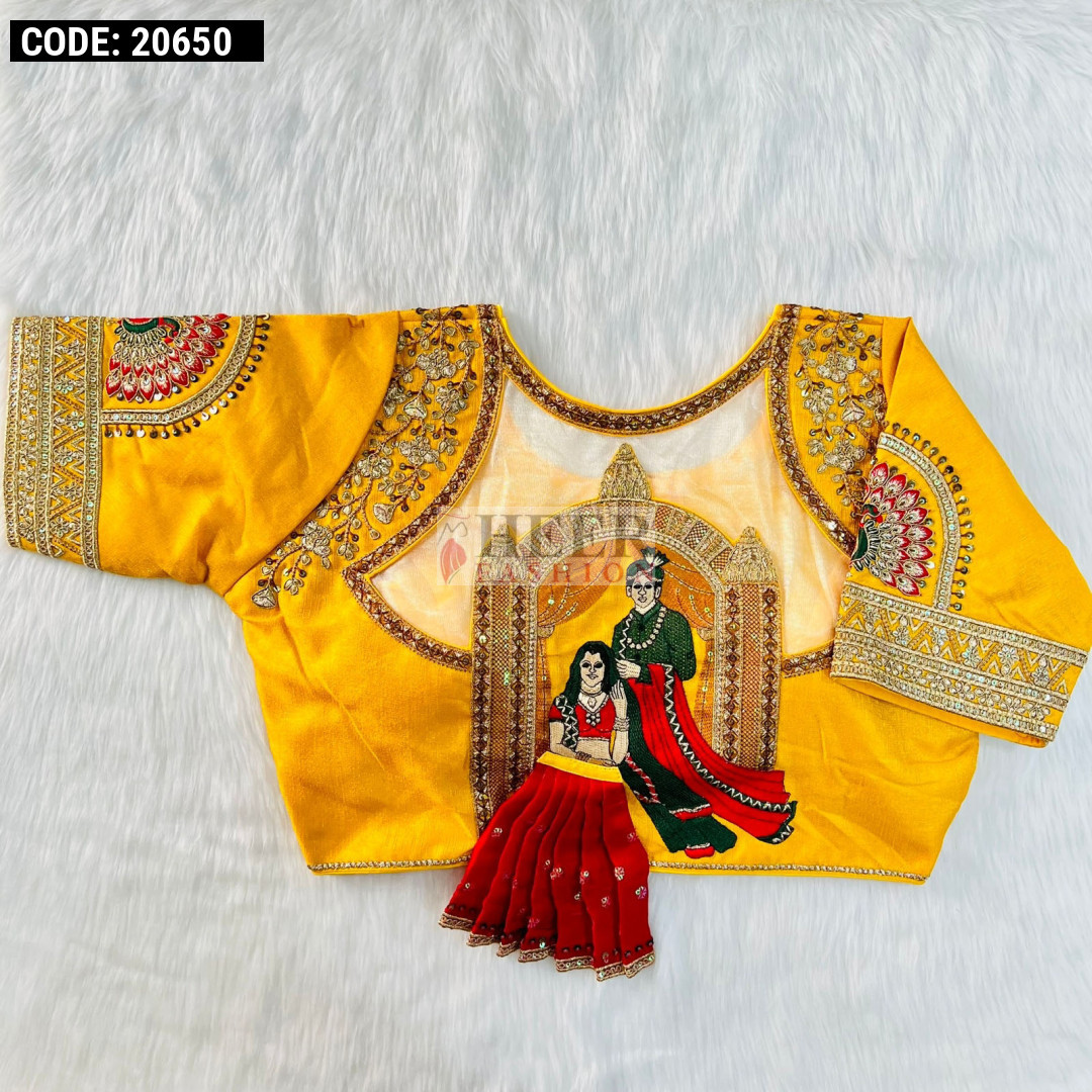 Heavy embroidery bridal work yellow color blouse