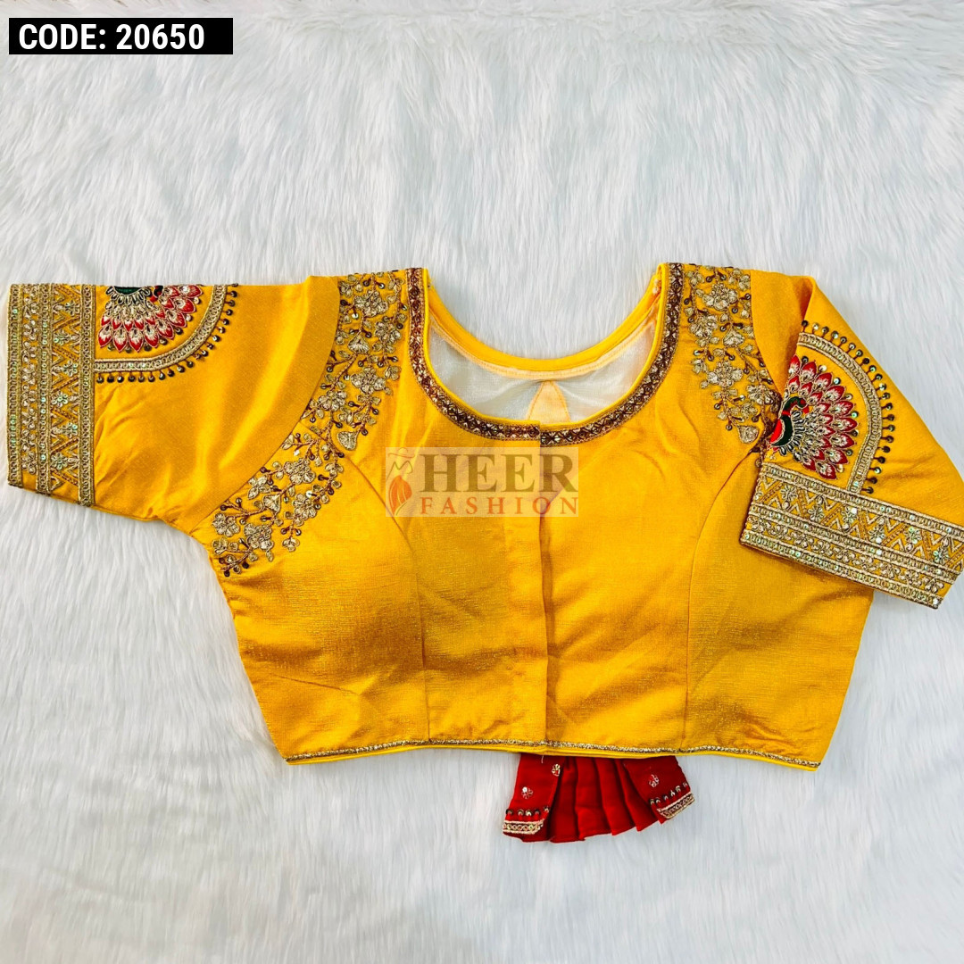 Heavy embroidery bridal work yellow color blouse