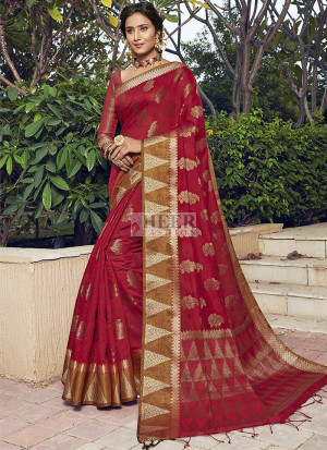Red color chanderi cotton saree with zari weaving work
