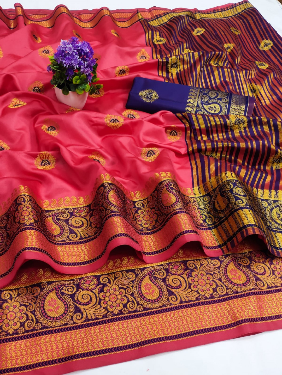 Gajari color soft cotton silk saree with zari weaving work