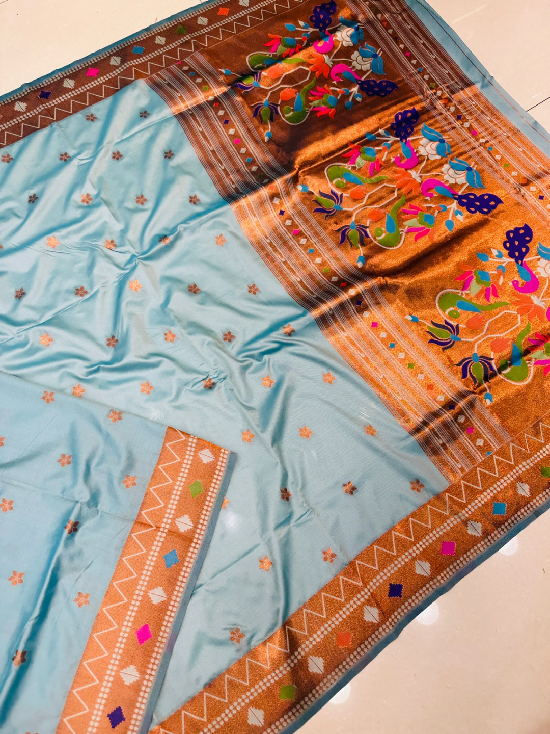 Sky Blue Color Paithani Silk Saree With Zari Weaving Work