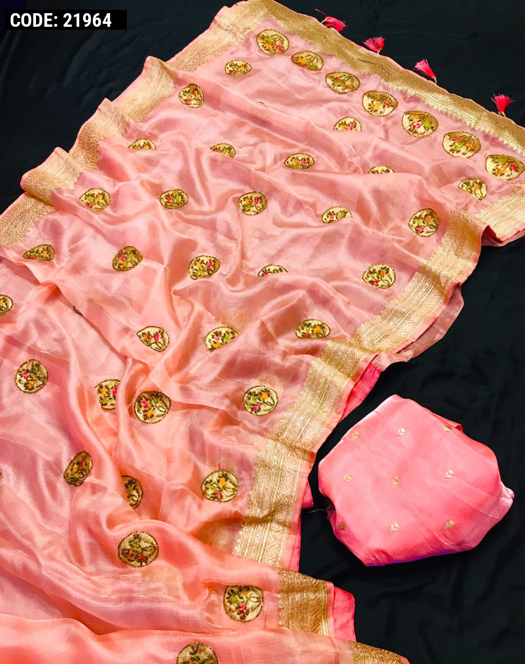 Baby pink color organza silk saree with moti work