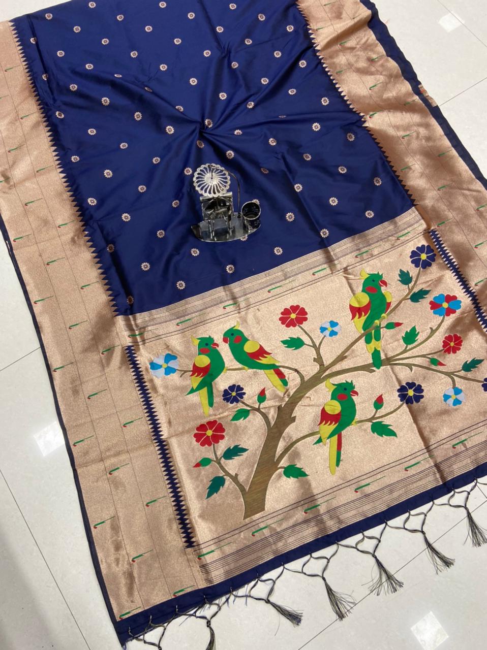 Navy blue color paithani silk saree with golden zari work