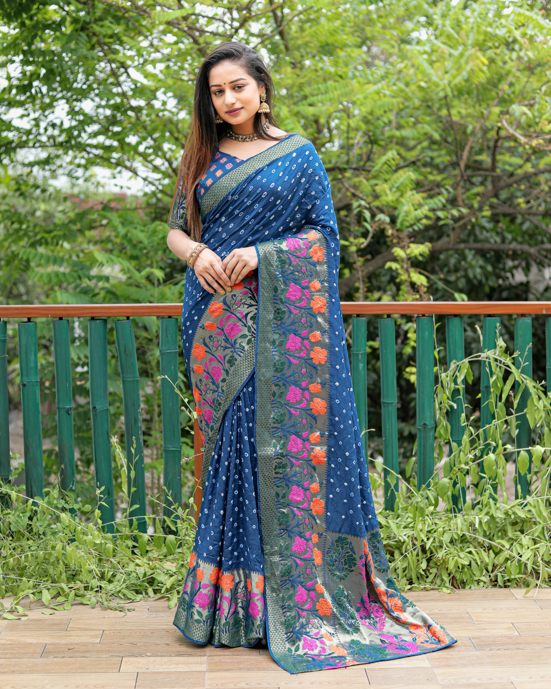 Firoji color bandhej silk saree with woven design