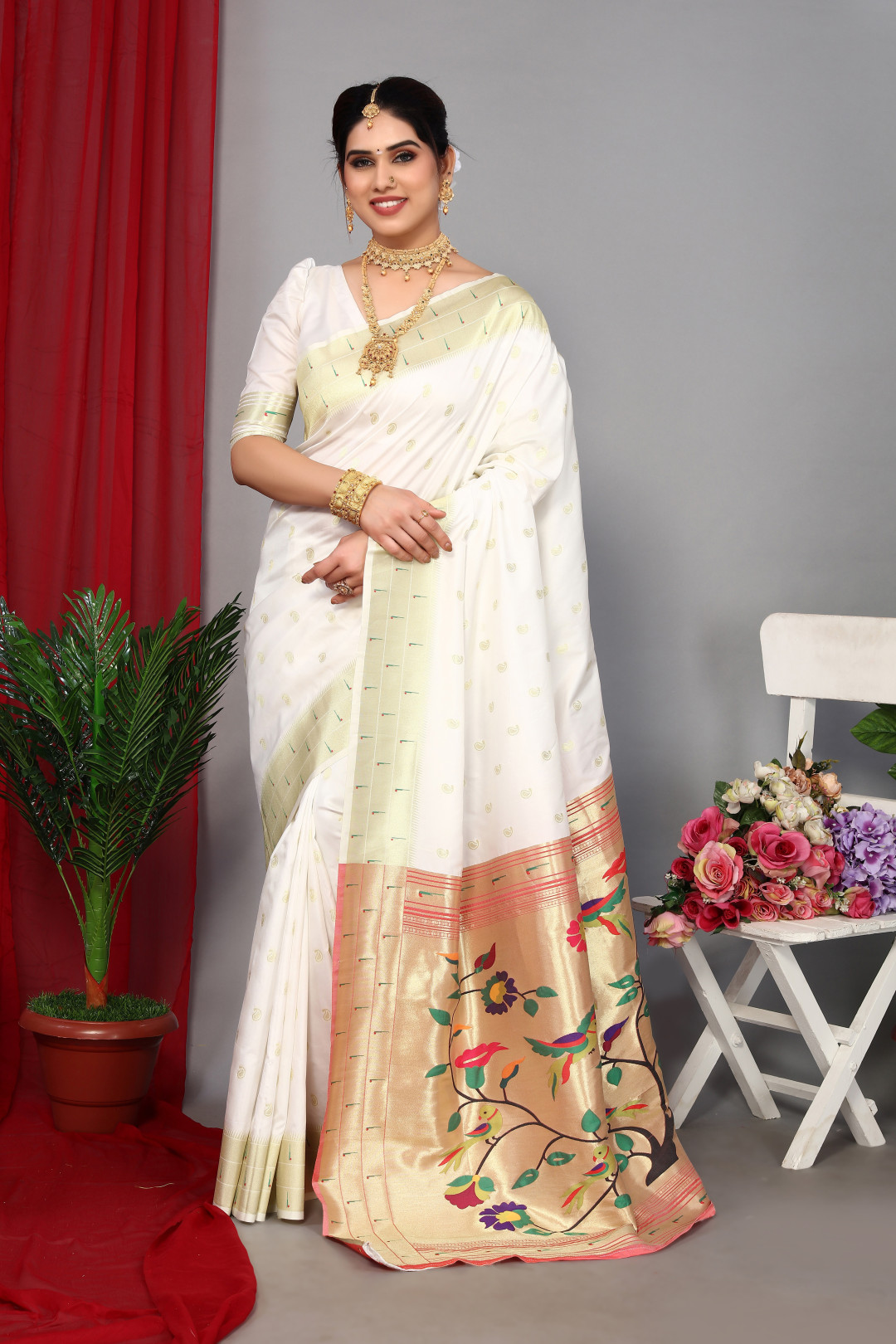 White color paithani silk saree with zari weaving work