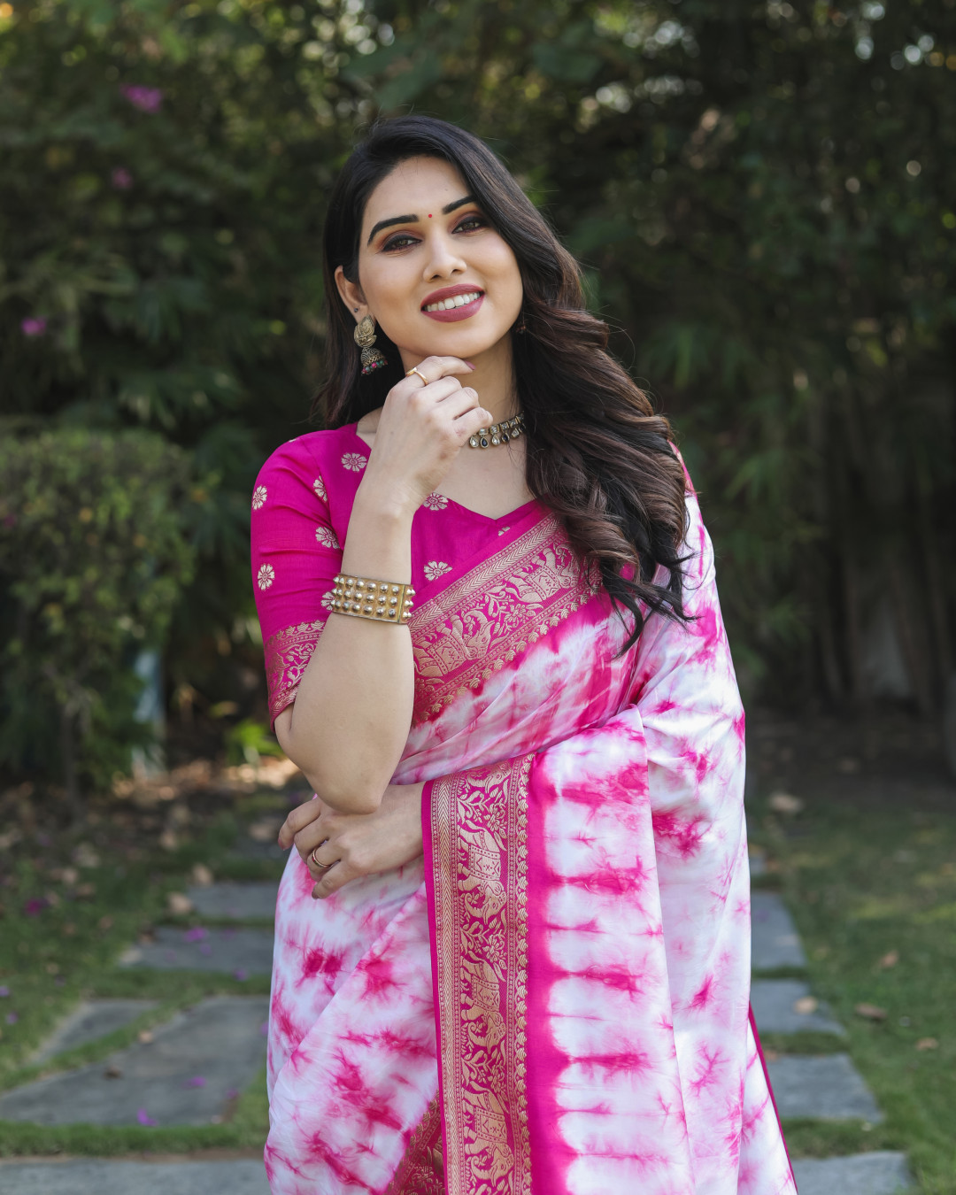 Rani pink color dola silk saree with zari weaving work