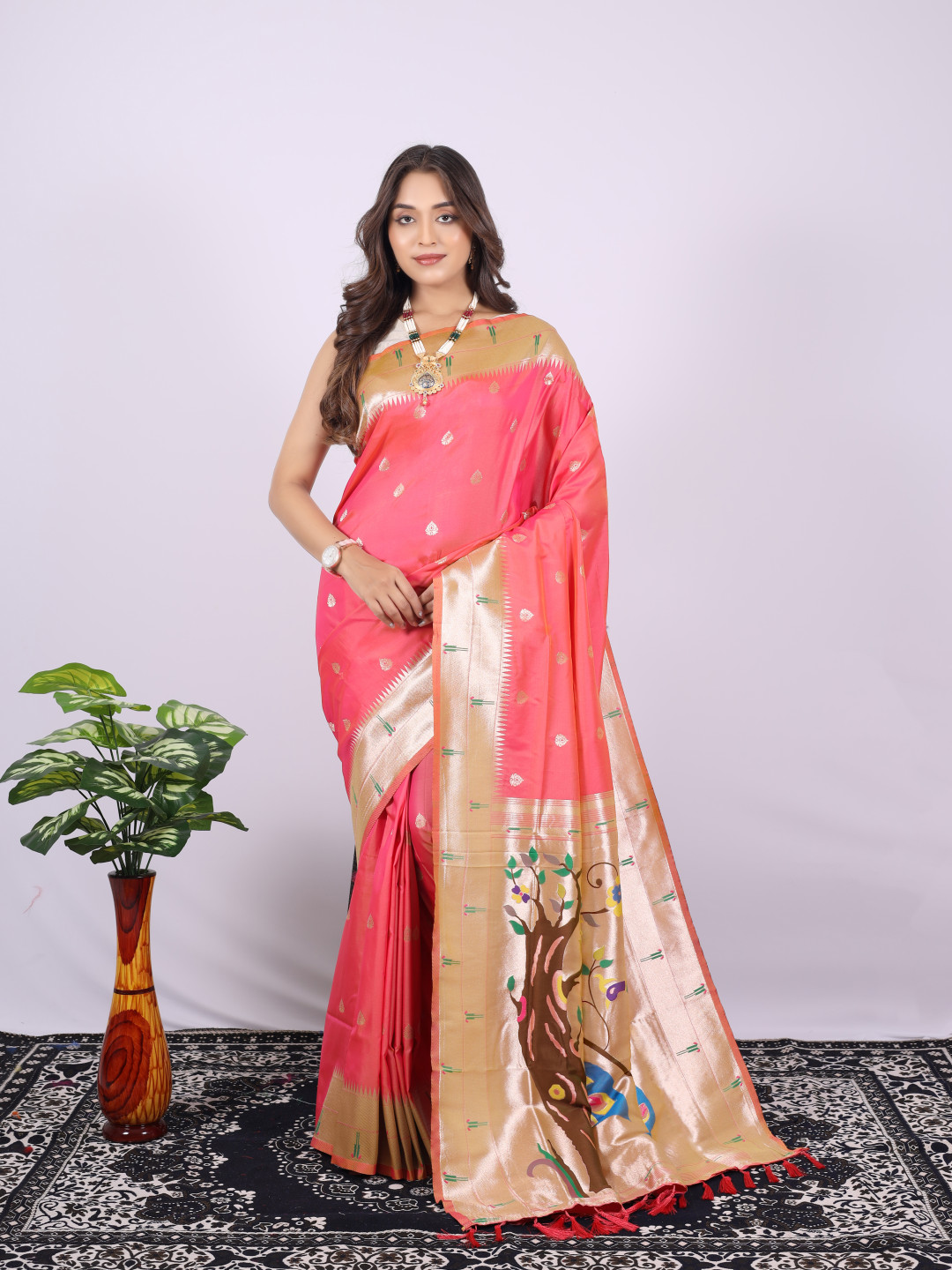 Peach color paithani silk saree with zari weaving work