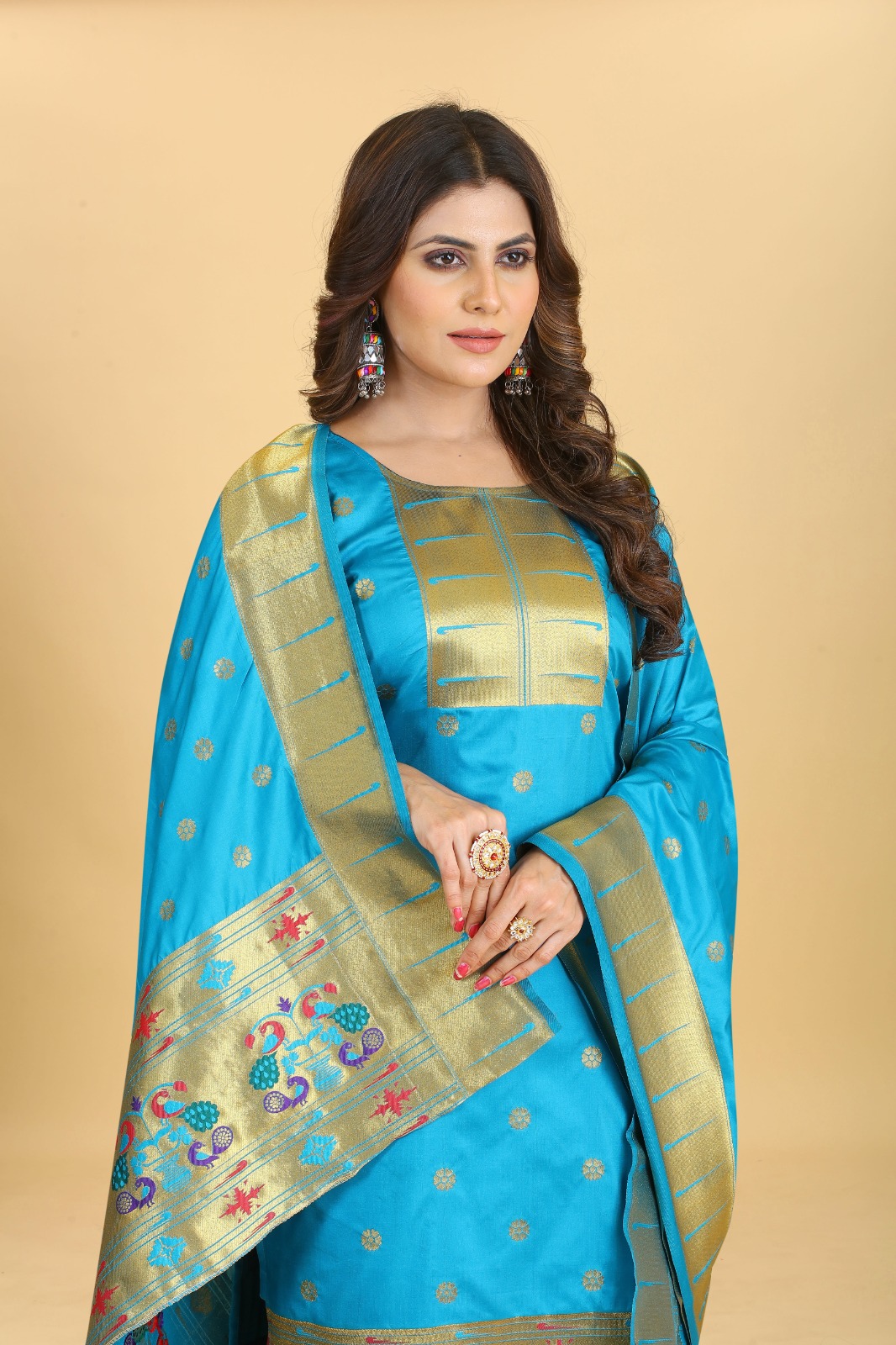 Sky blue color paithani silk unstitched dress