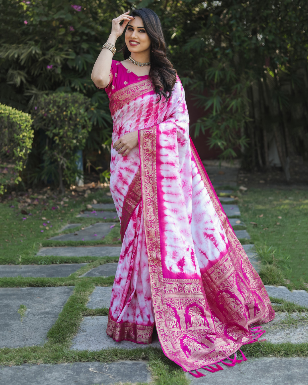 Rani pink color dola silk saree with zari weaving work