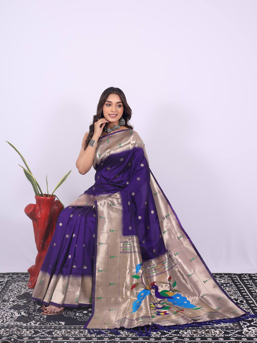 Navy blue color paithani silk saree with zari weaving work