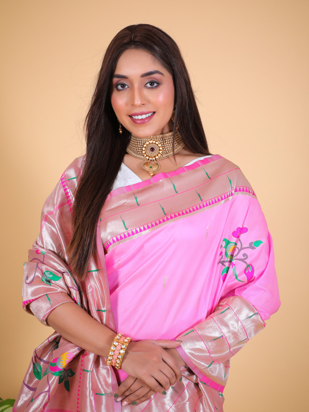 Baby pink color paithani silk saree with zari weaving work