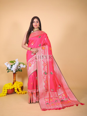 Gajari color soft banarasi silk saree with zari weaving work