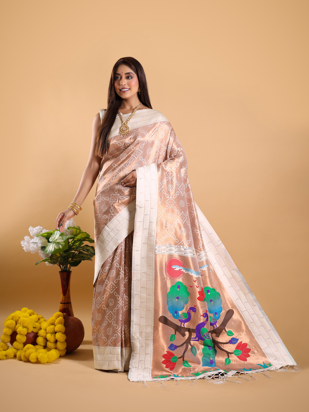 Off white color paithani silk saree with zari weaving work
