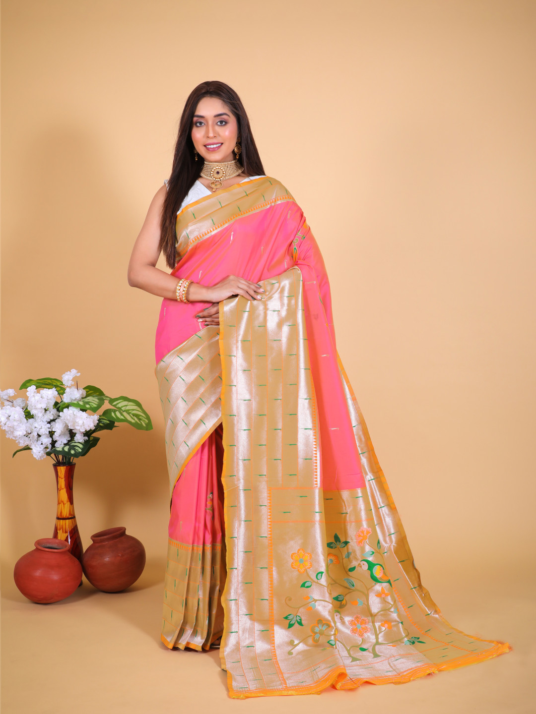 Twotone peach color paithani silk saree with zari weaving work