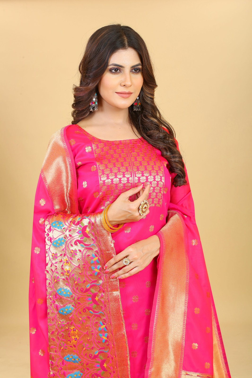 Pink color paithani silk unstitched dress