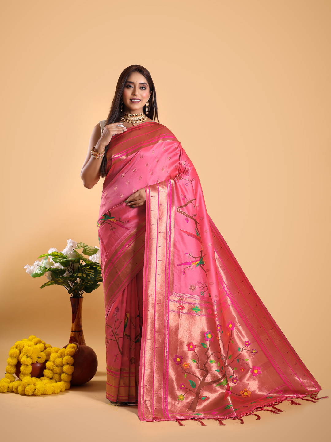 Gajari color paithani silk saree with zari weaving work