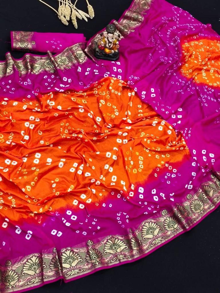 Multi color pure hand bandhej silk saree with printed work