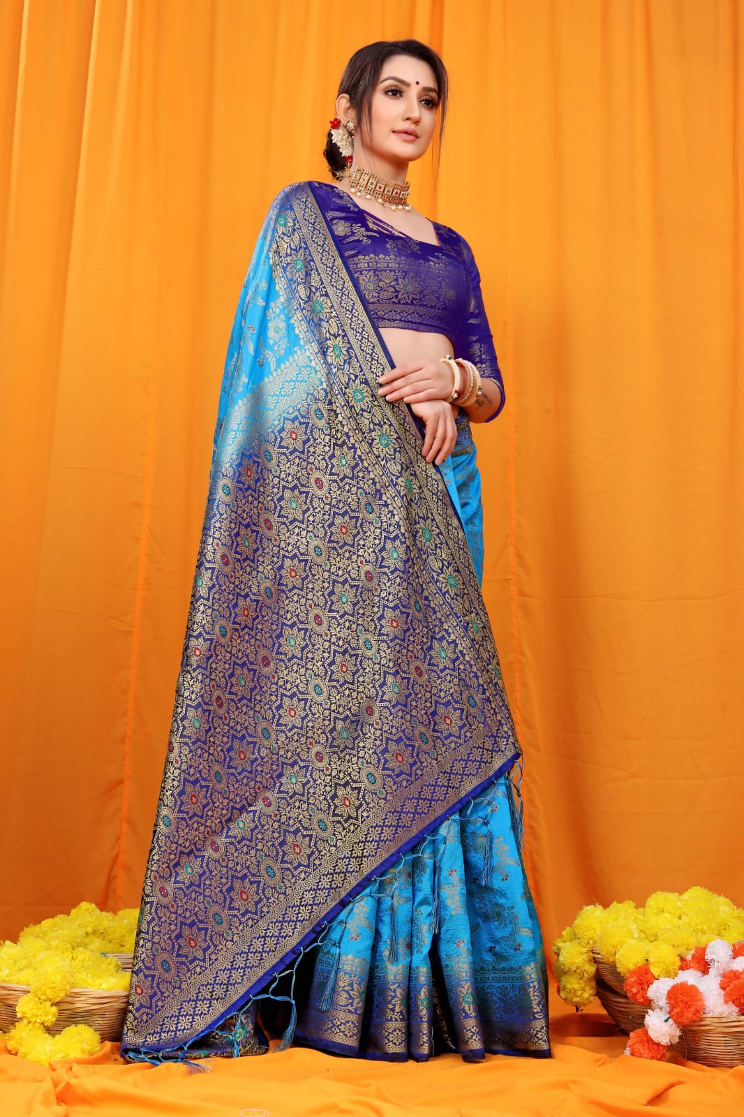 Firoji color balatan silk saree with zari weaving work