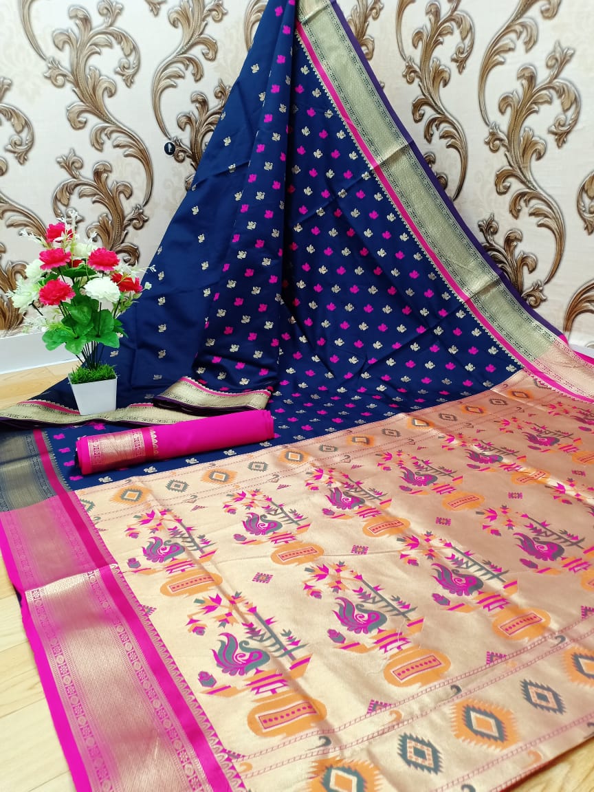 Navy blue color paithani silk weaving work saree
