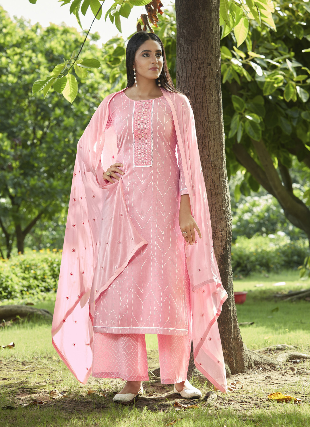 Pink color cotton with sequence dress material