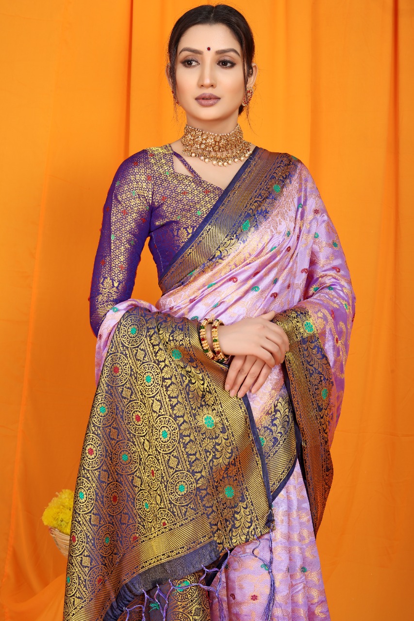 Lavender color soft balatan silk saree with golden zari weaving work