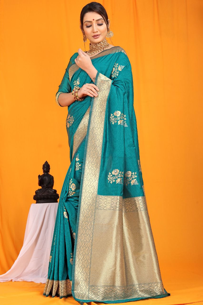 Firoji color kanchpurm silk handloom saree with zari woven work