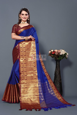 Royal blue color soft cotton silk saree with woven design