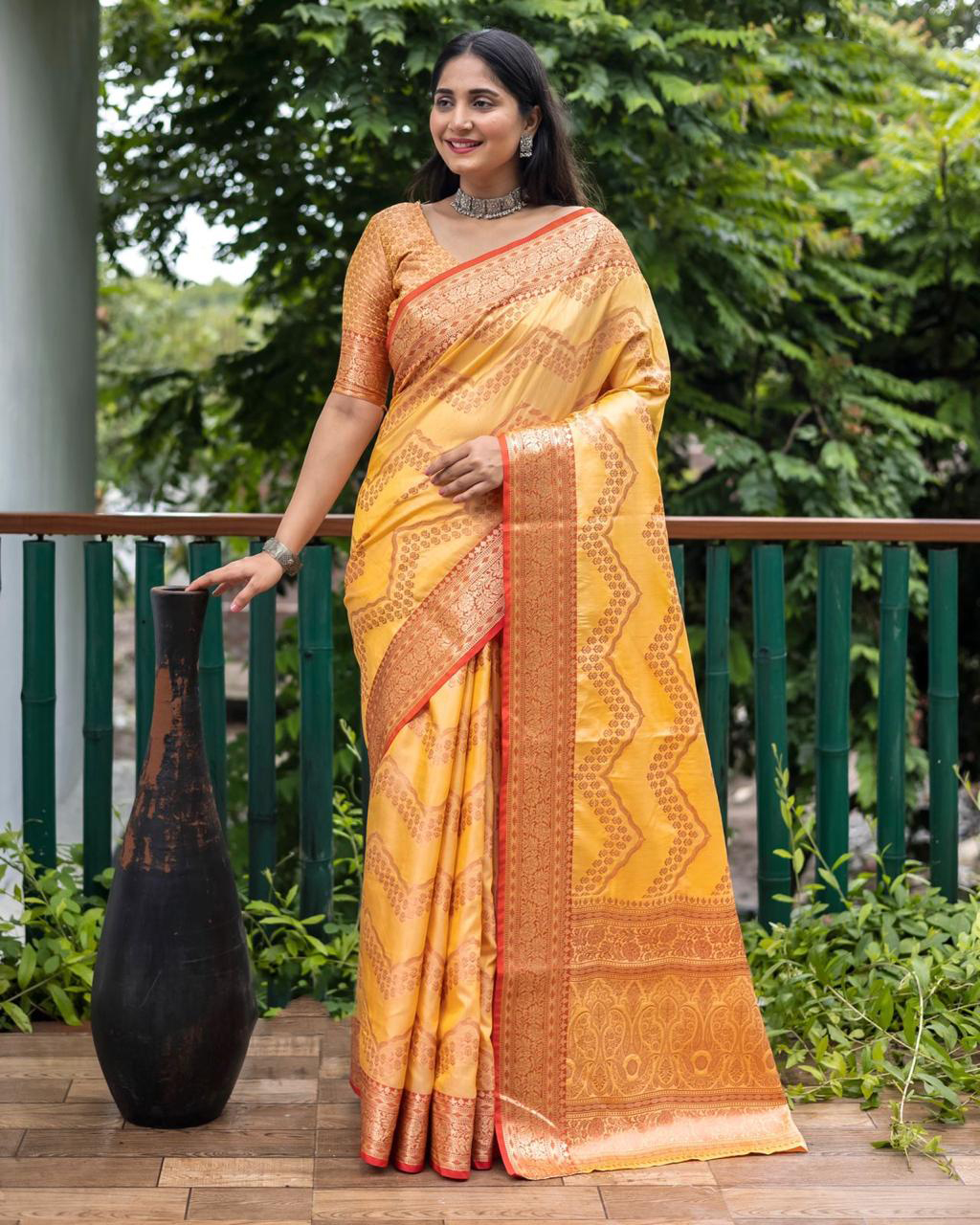 Yellow color linen silk saree with golden zari weaving work