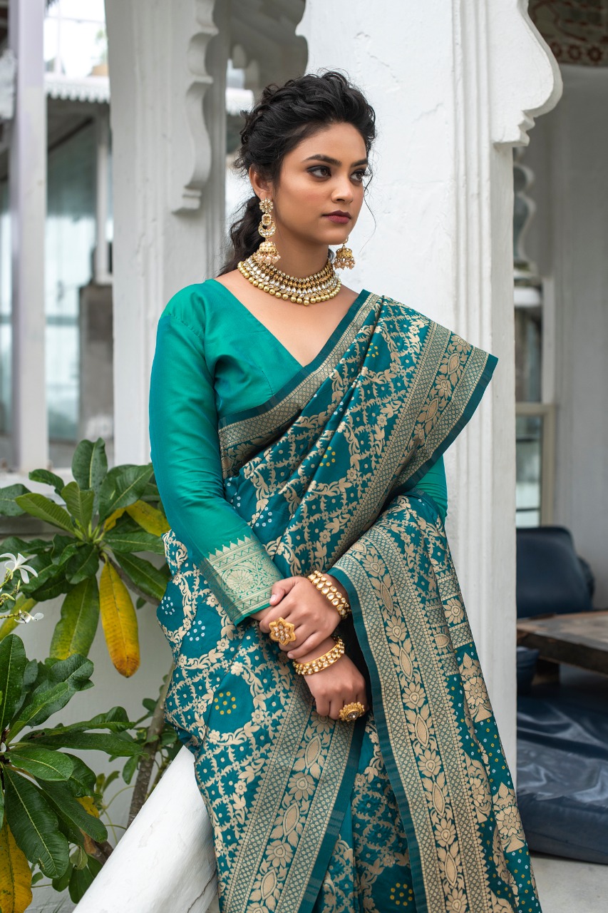 Rama green color bandhani saree with zari weaving work