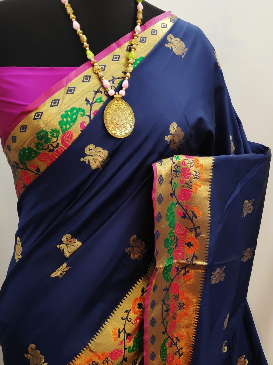Navy blue color paithani silk saree with weaving pallu