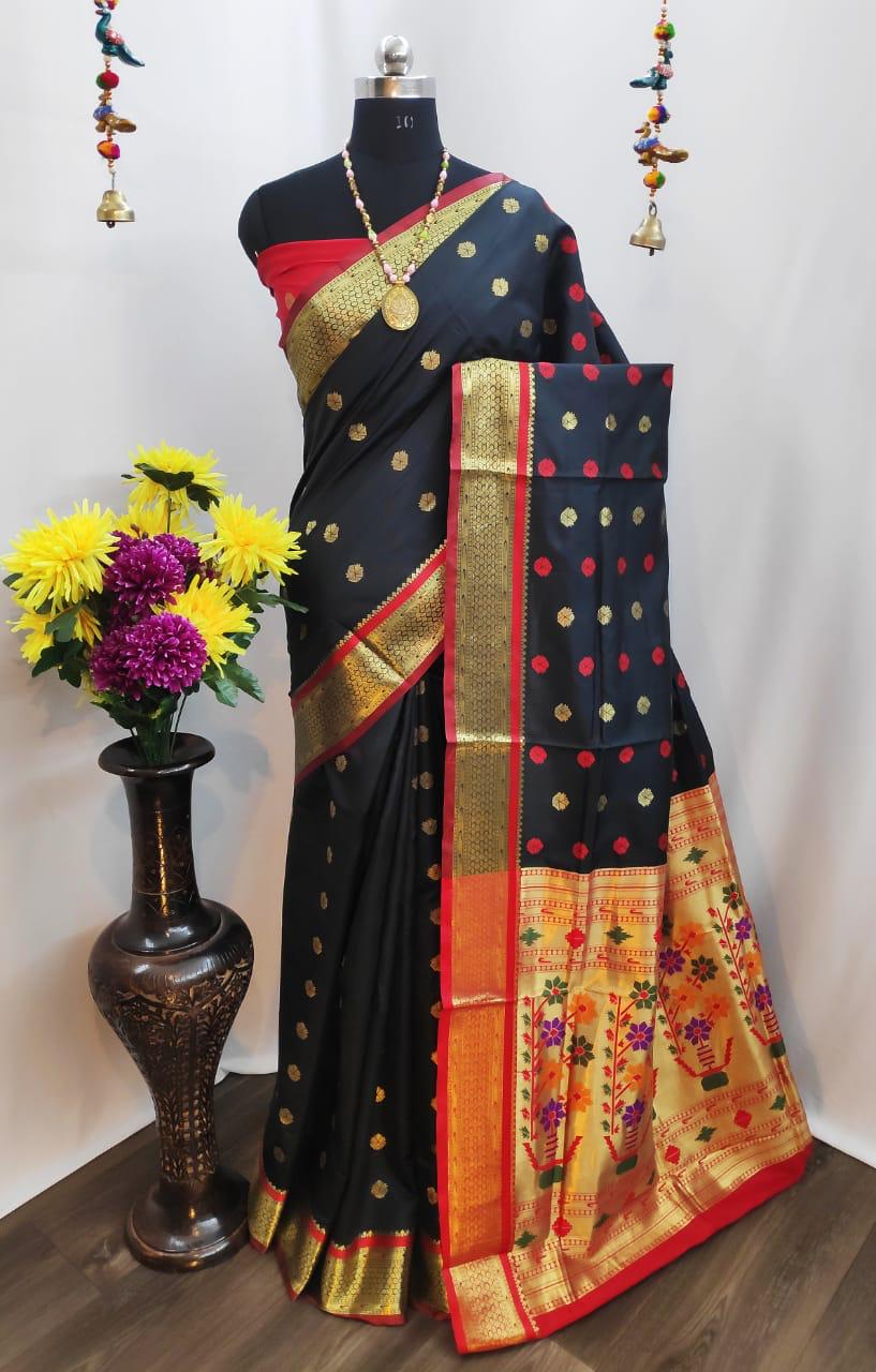 Black color paithani silk weaving work saree