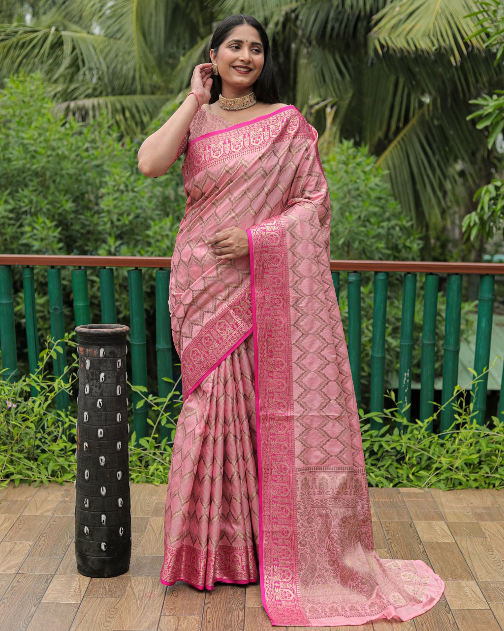 Baby pink color linen silk saree with zari weaving work