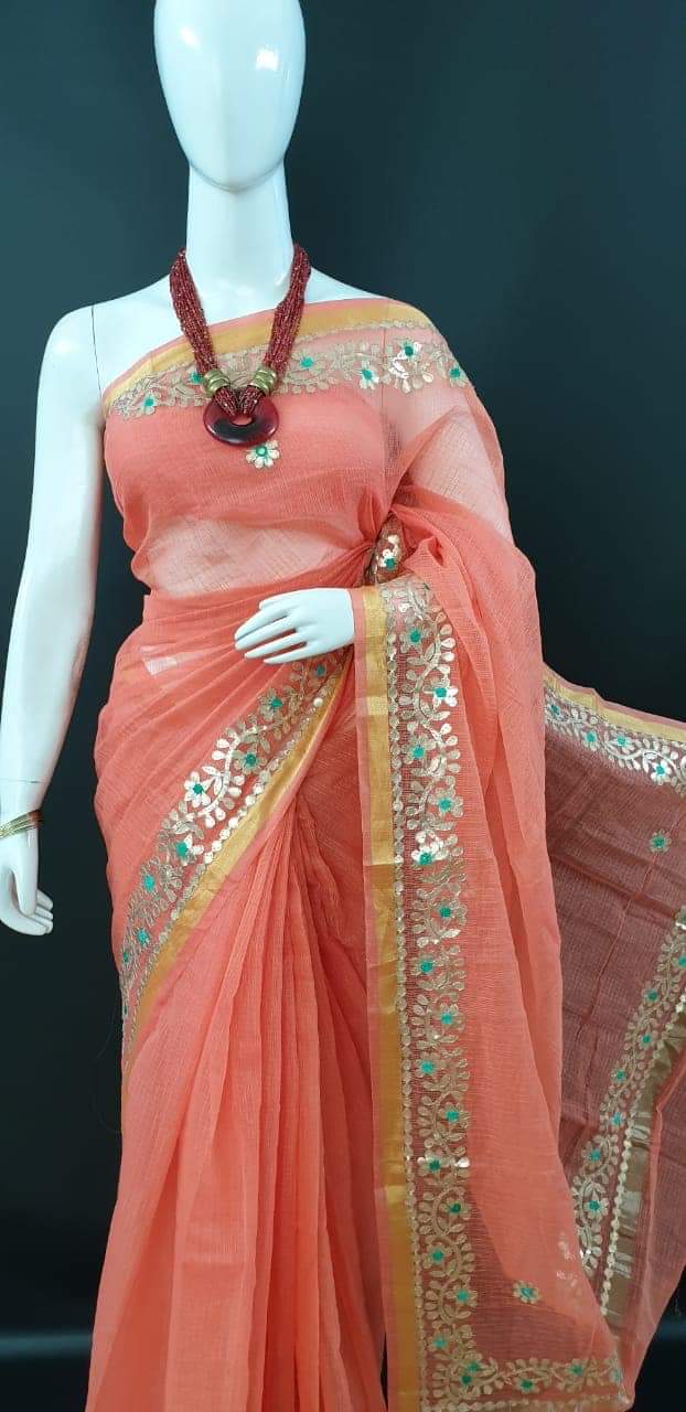 Gajari color kota doriya saree with gota patti design
