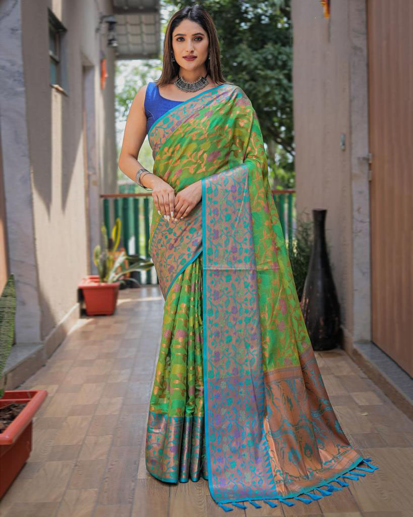 Parrot green color kanchipuram silk saree with zari weaving work