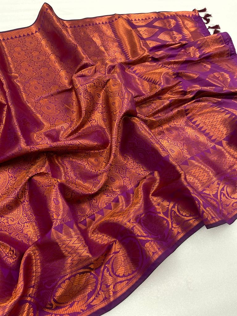 Pueple color banarasi silk saree with copper zari woven work