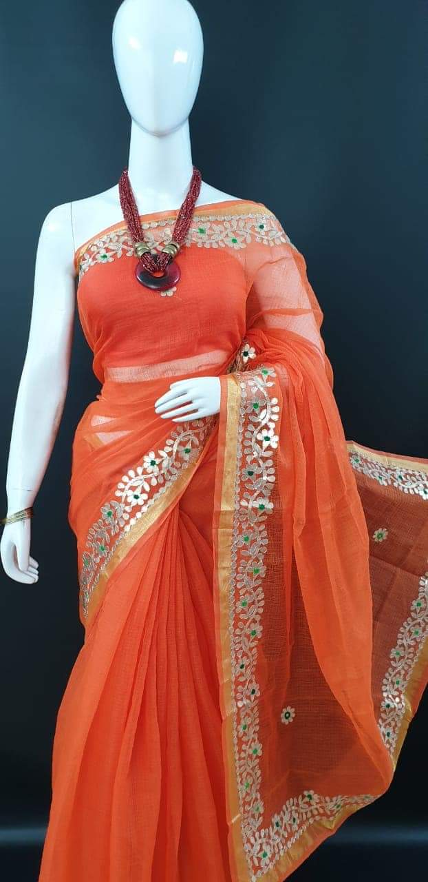 Orange color doriya saree with gota patti design